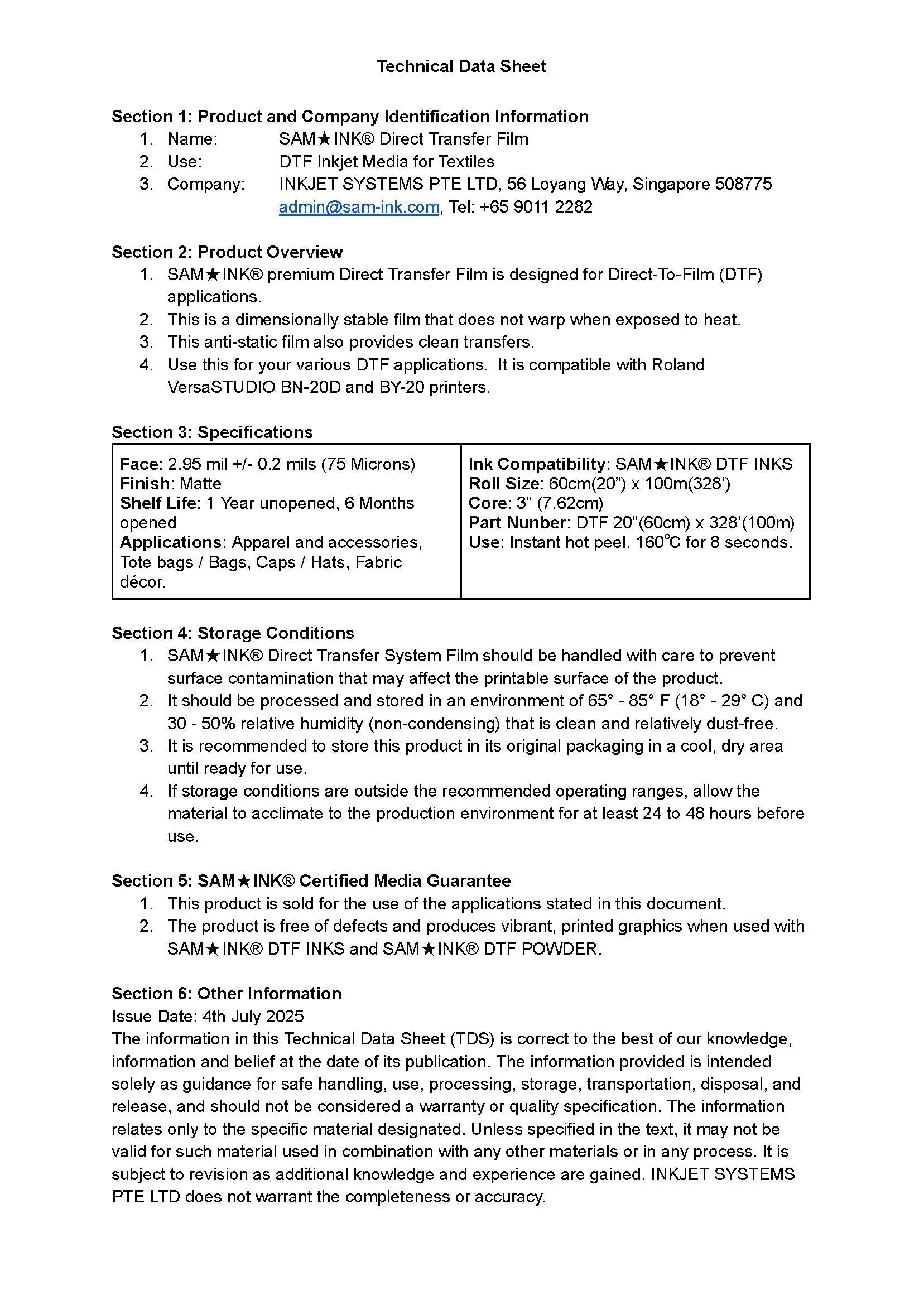 SAM★INK® DTF Film TDS Technical Data Sheet